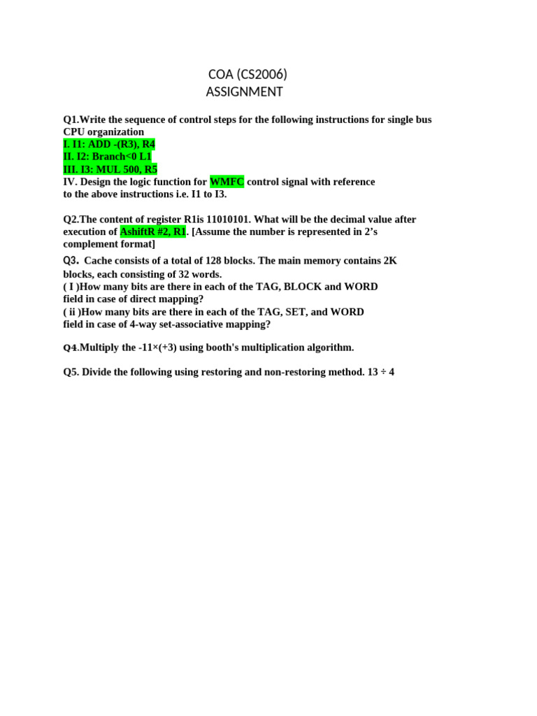 COA (CS2006) Assignment | PDF