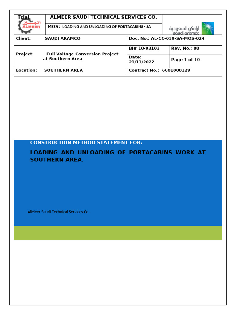 MOS 024 - Loading and Unloading Portacabins at SA REV 00 | PDF | Waste Management | Waste