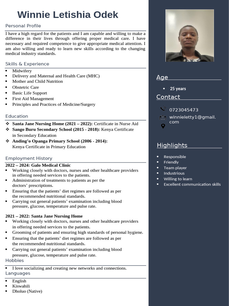 Resume - Winnie Letishia Odek-1 | PDF | Health Care | Patient