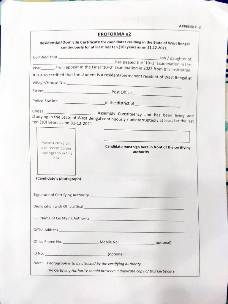Domicile Certificate (Proforma A2) | PDF