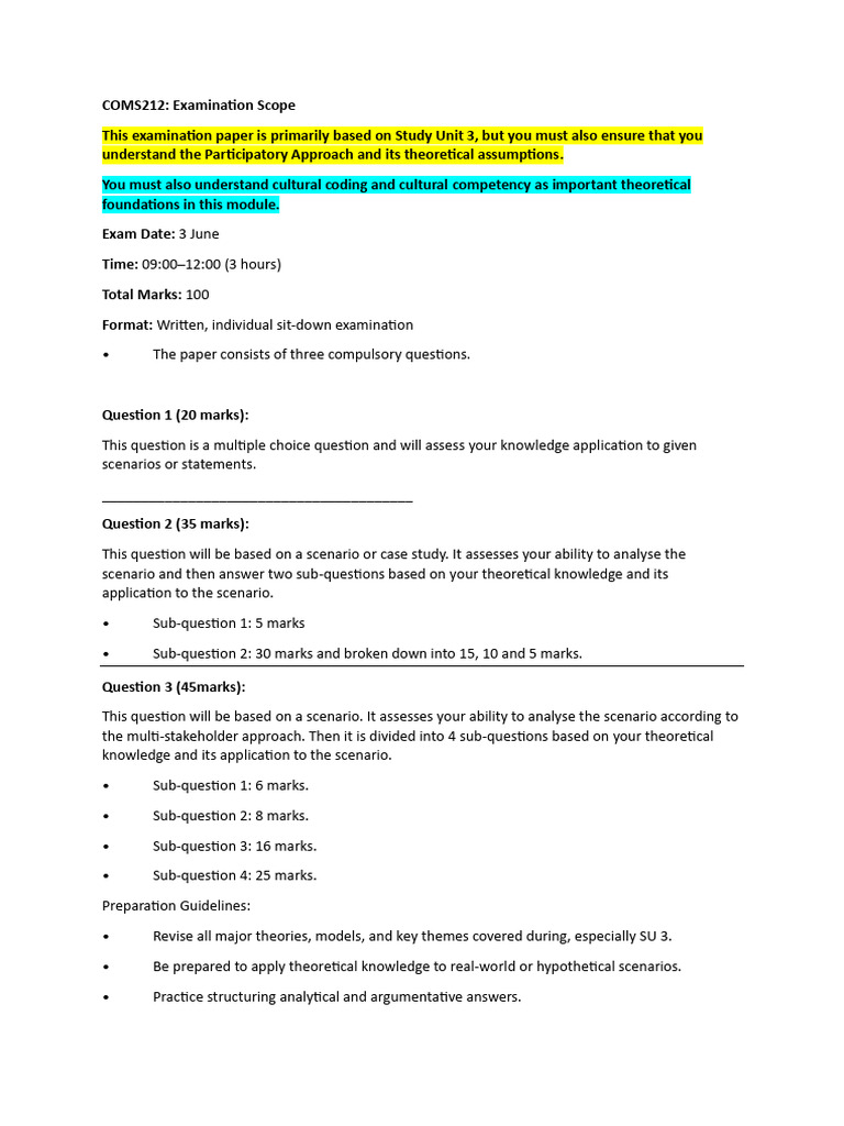 COMS212 Exam Scope and Guidelines | PDF