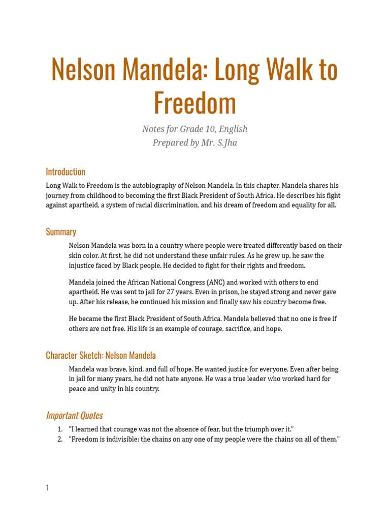 Nelson Mandela: Long Walk To Freedom: Notes For Grade 10, English ...