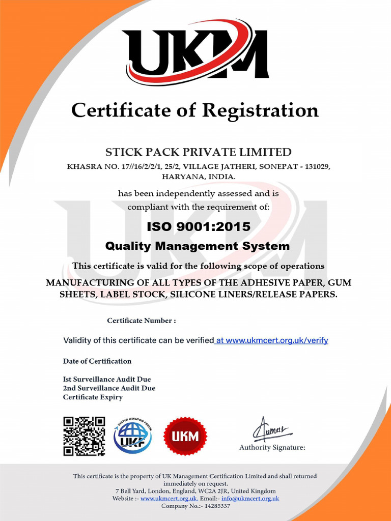 Stick Pack Private Limited (QMS) Ukm Final | PDF