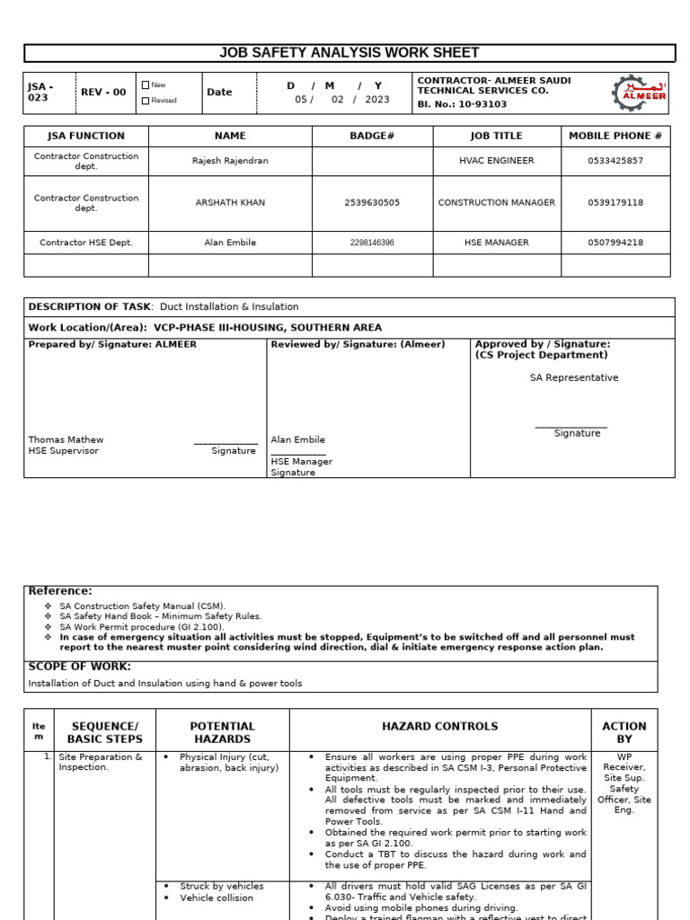 JSA-023 Duct Installation & Insulation Rev.02 | PDF | Personal ...