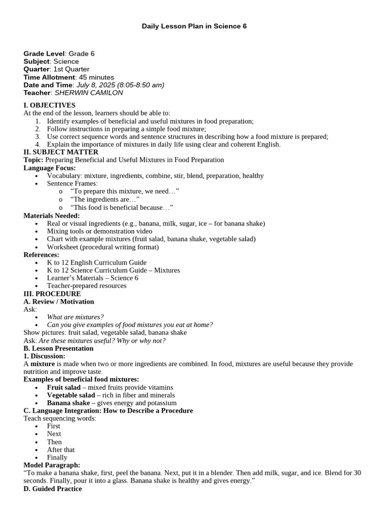 Preparing Beneficial Food Mixtures | PDF | Foods | Lesson Plan