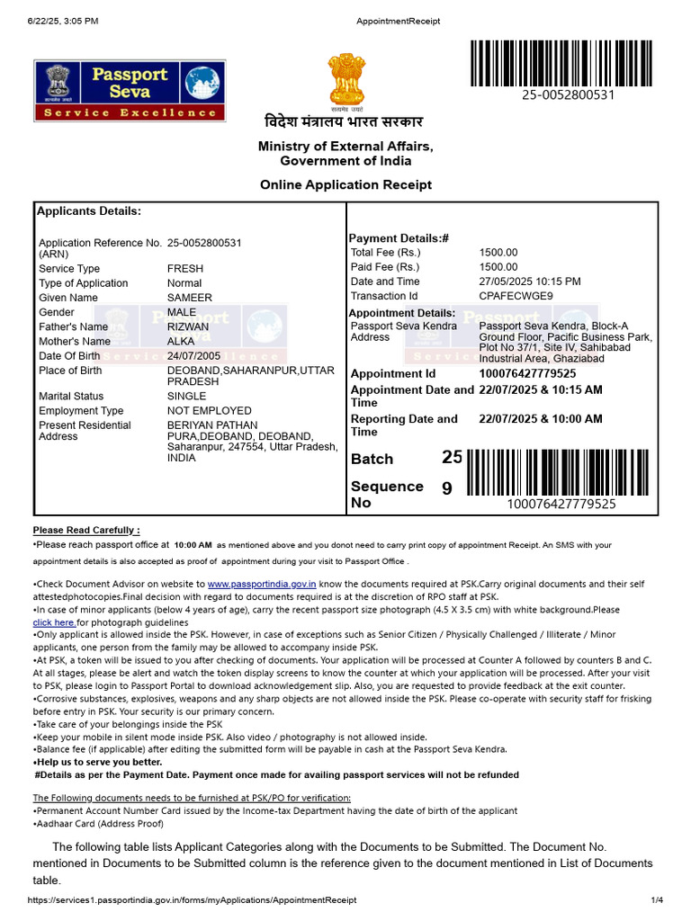 Appointment Receipt Sameer DBD 2 | PDF