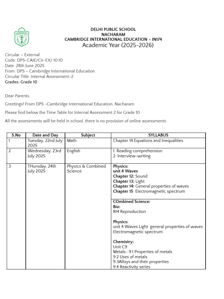 G10 - IA 2 Syllabus and Date Sheet | PDF | Physical Sciences