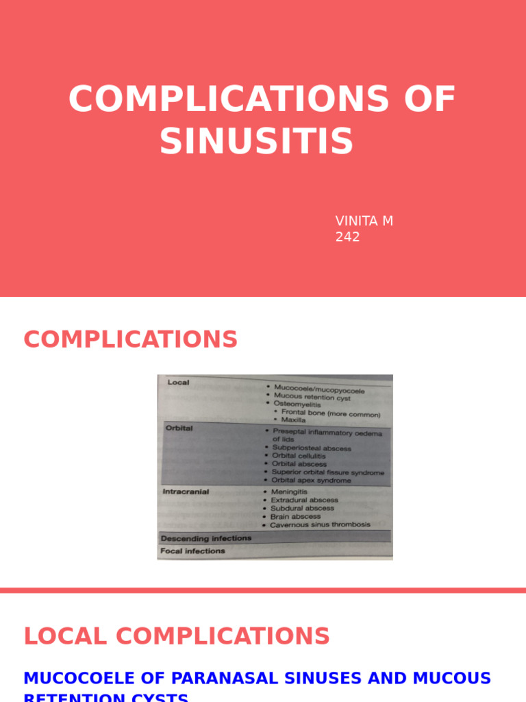 Sinusitis Complications Overview | PDF | Human Nose | Surgical Specialties