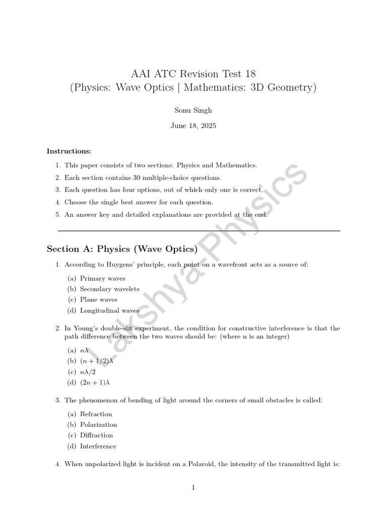 AAI ATC Revision Test 18 | PDF | Diffraction | Wavelength