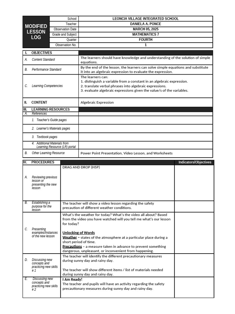 Sample Modified Lesson Plan English Version | PDF | Behavior Modification | Cognition
