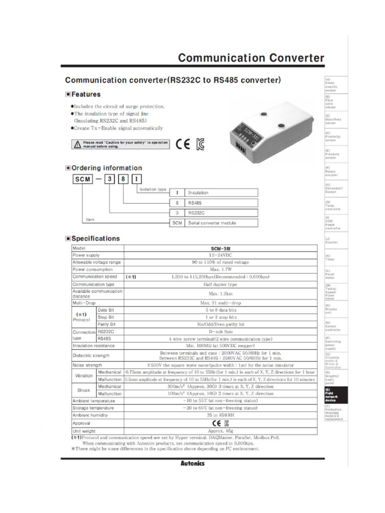 Convertidores RS485 A RS232 SCM38I AUTONICS | PDF