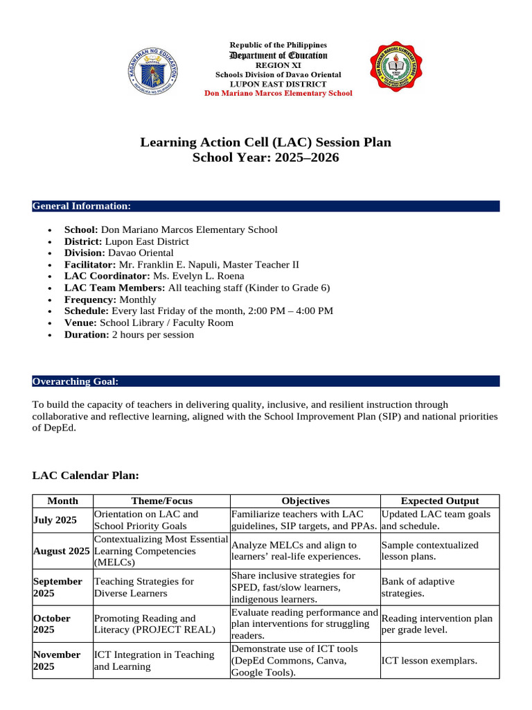 Lac Session Plan 2025-2026 | PDF | Teachers | Educational Technology