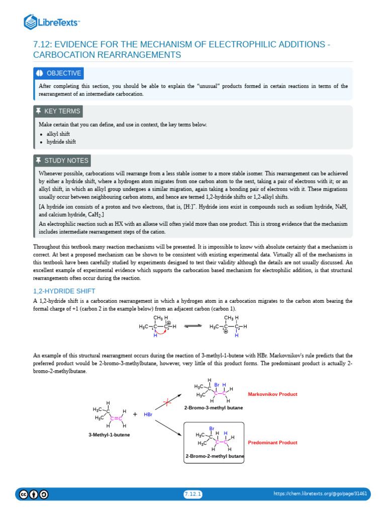 7.12 Evidence For The Mechanism of Electrophilic Additions - Carbocation Rearrangements | PDF ...