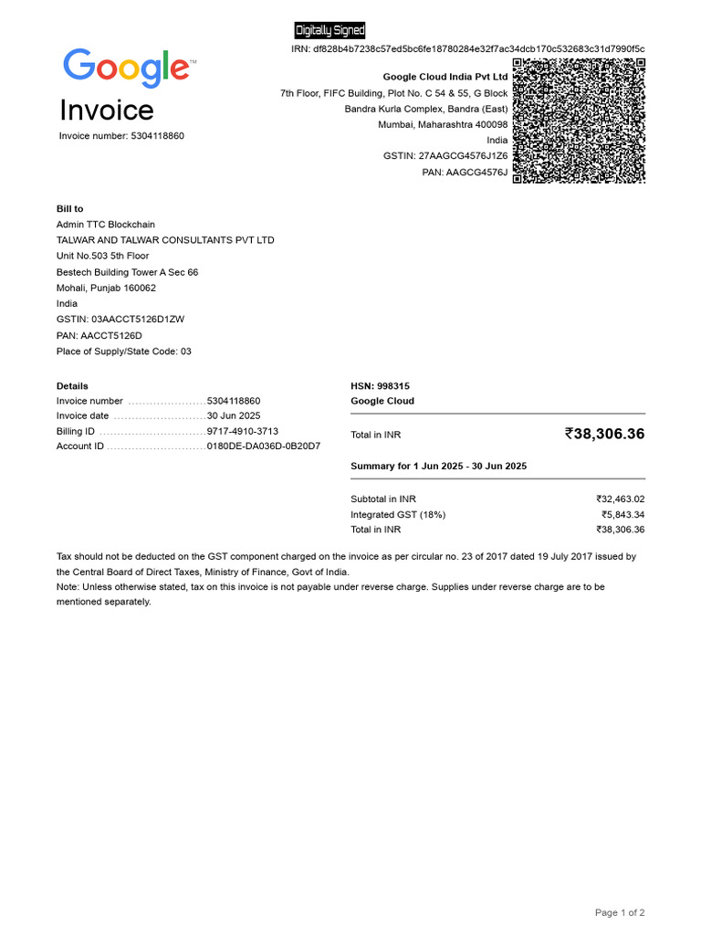 Google Cloud Invoice HSN 998315 | PDF | Invoice | Payments