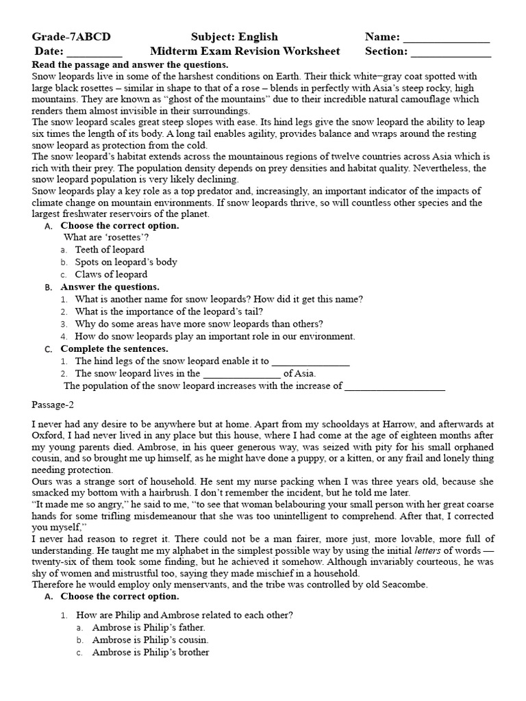 Grade 7 English Midterm Exam Revision | PDF | Leopard | Sentence ...