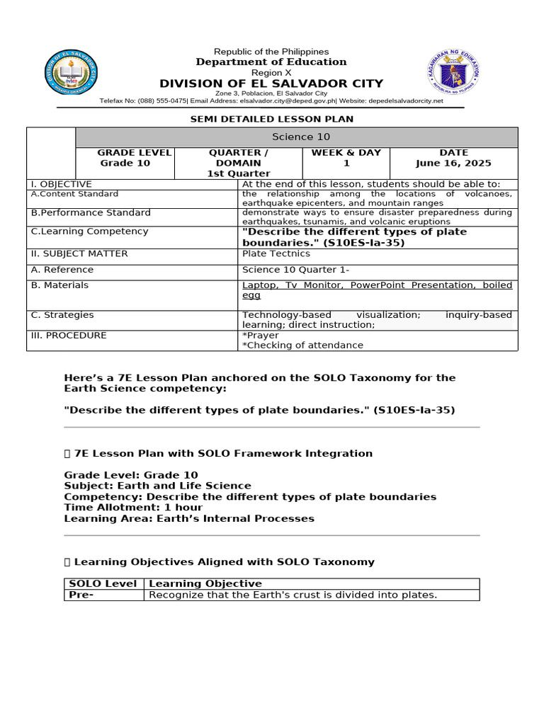 SEMI DETAILED LESSON PLAN 1st Quarter 2nd Competency | PDF | Plate Tectonics | Geology