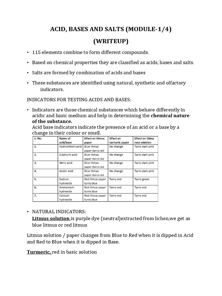 Class X Science Acids, Bases and Salts Handout 1 - 4 | PDF | Acid ...