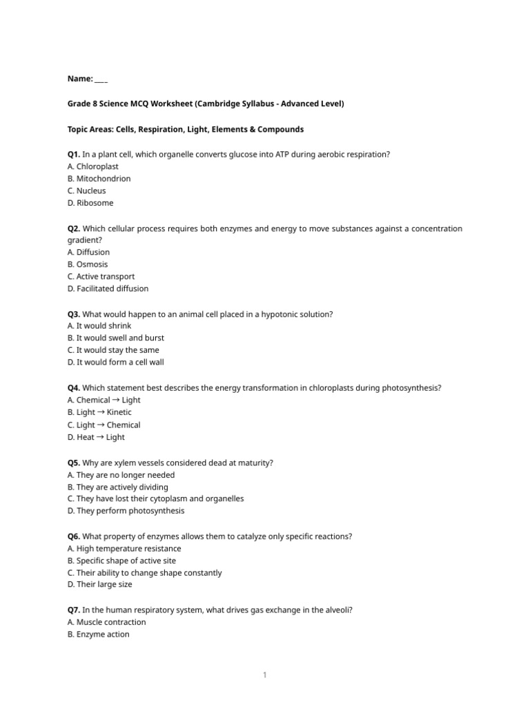 Grade8 Igcse Science MCQ | PDF | Cellular Respiration | Photosynthesis