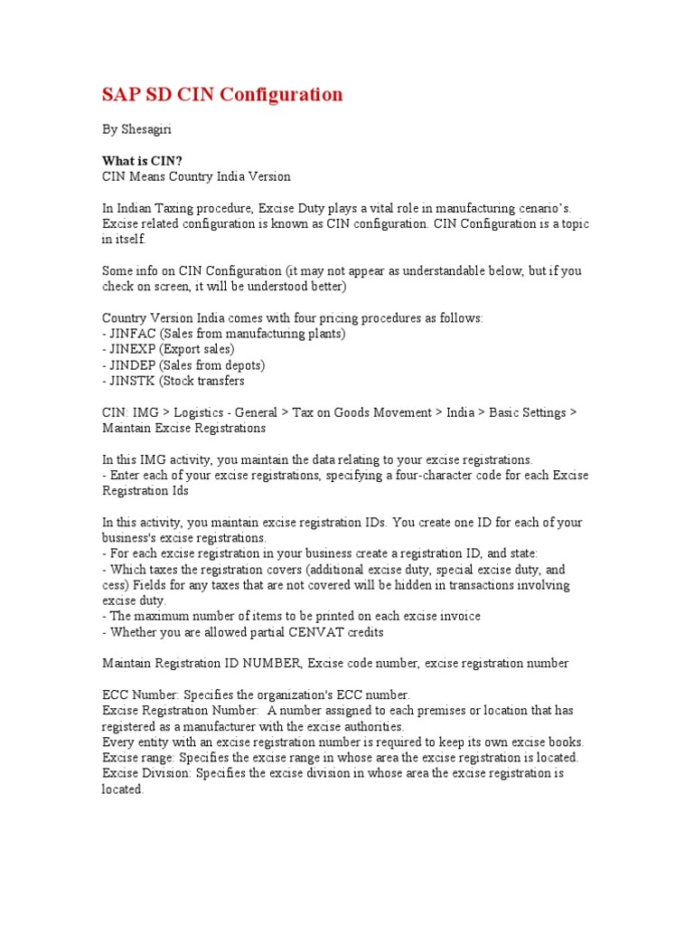 SAP SD CIN Configuration | PDF