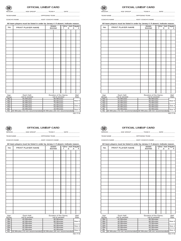 AYSO Lineup Card Combined | PDF | Sports | Sports Rules And Regulations