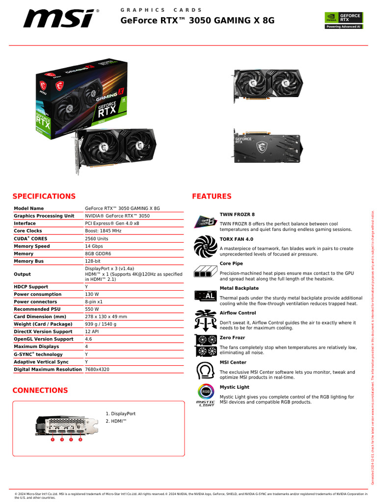 Geforce RTX 3050 Gaming X 8g | PDF | Hdmi | Graphics Processing Unit
