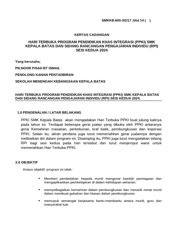 Kertas Kerja Hari Terbuka Ppki-Contoh | PDF