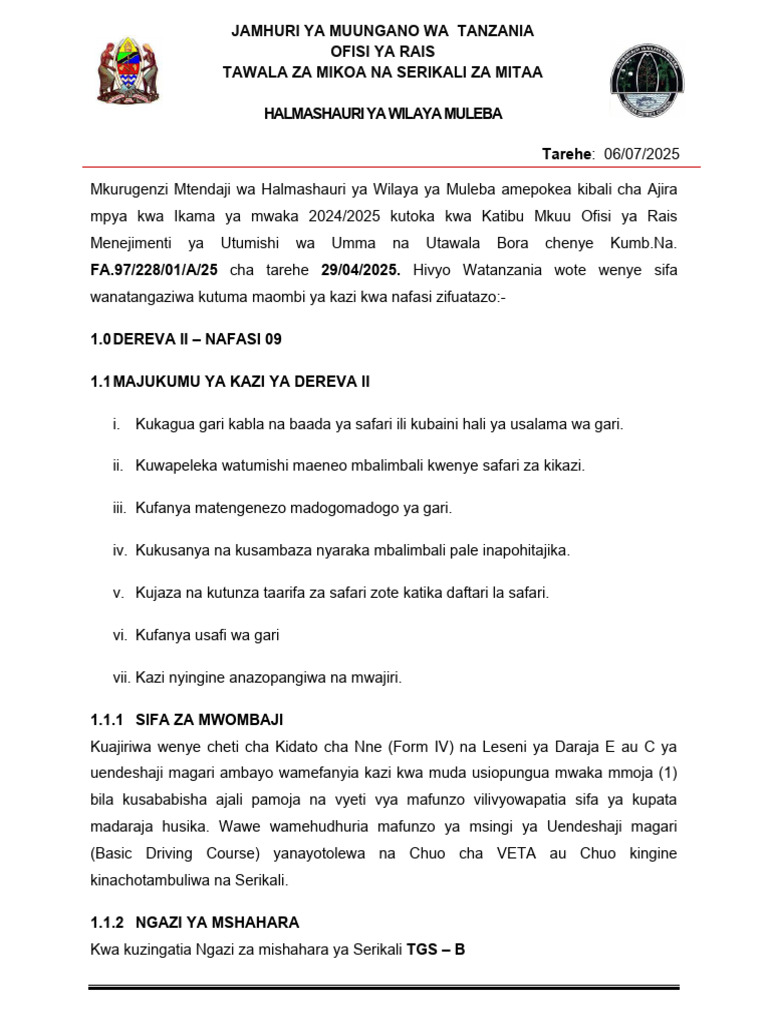 Tangazo La Ajira La Muleba DC | PDF