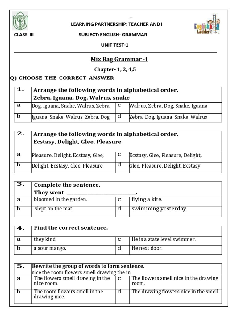 Grade 3 Mixed Bag Grammar Test | PDF | Chess Theory | Chess