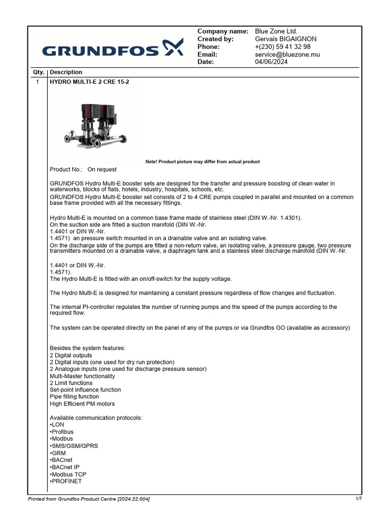 Grundfos Hydro Multi-E 2 CRE 15-2 | PDF | Pump | Mains Electricity