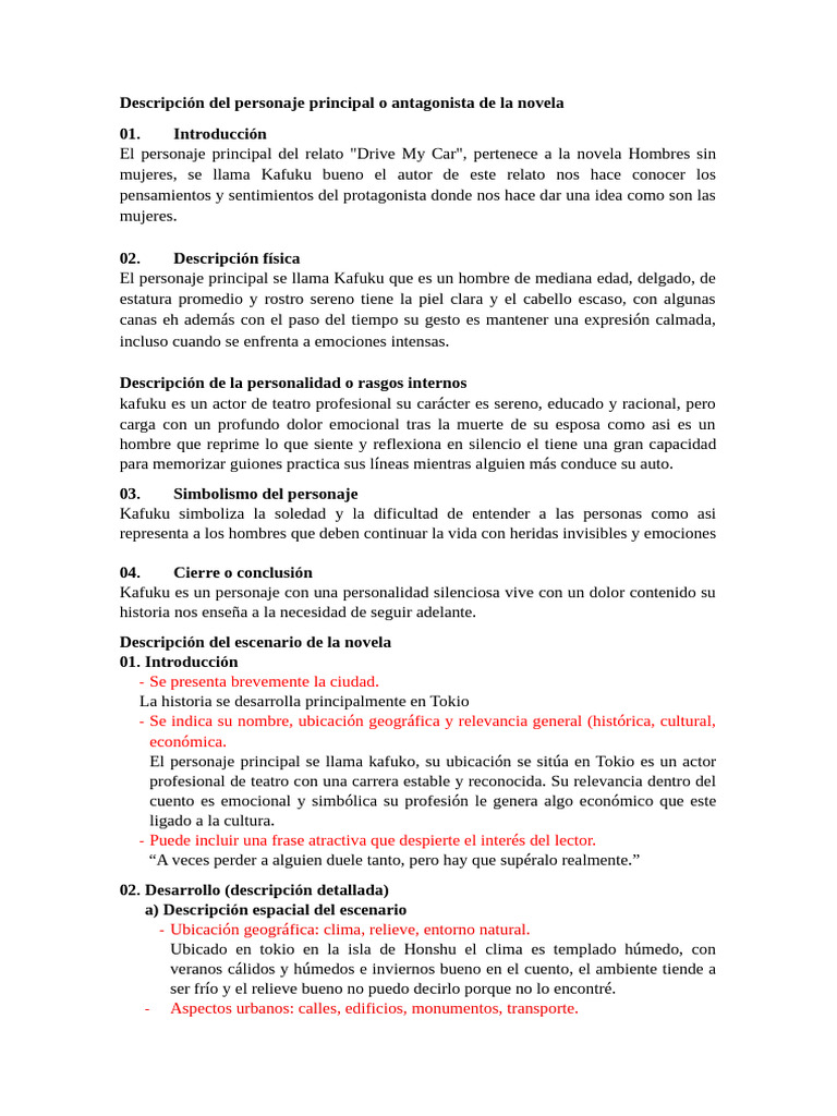 Descripción Del Personaje Principal o Antagonista de La Novela | PDF ...