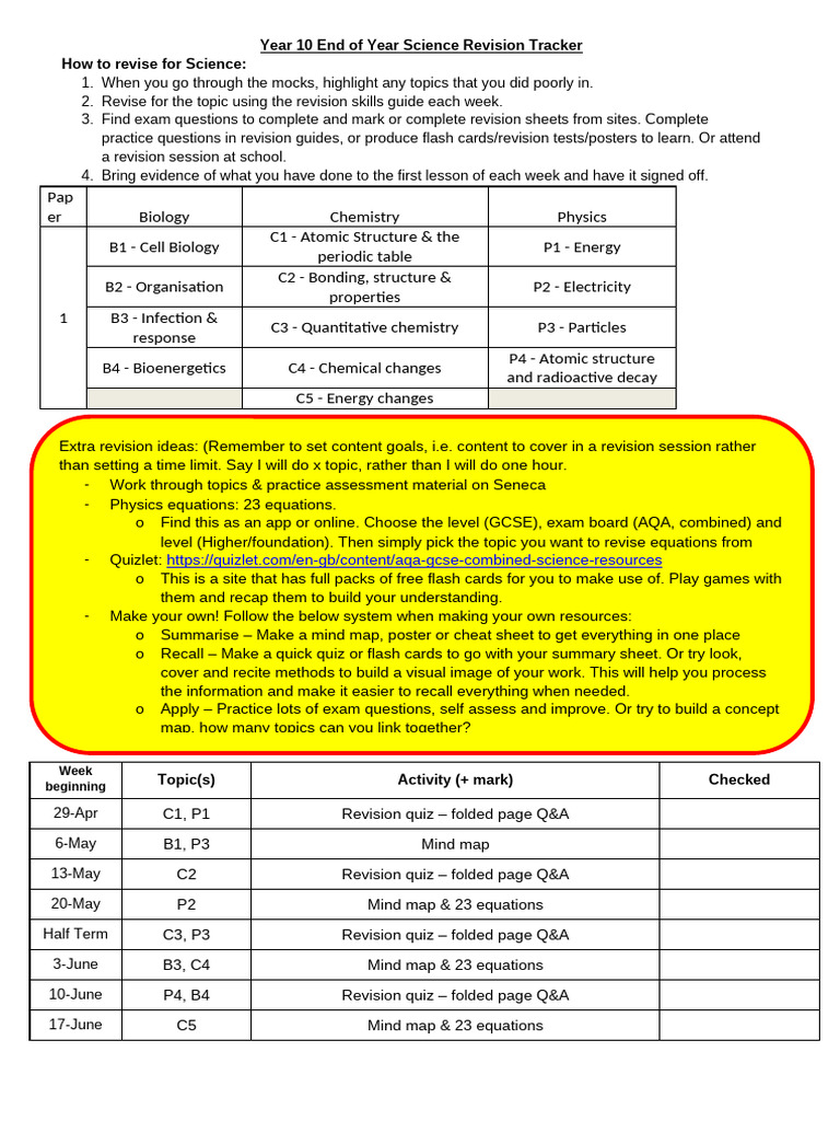 Y10 EoY Assessment Topic List - Revision Tracker | PDF | Chemistry ...