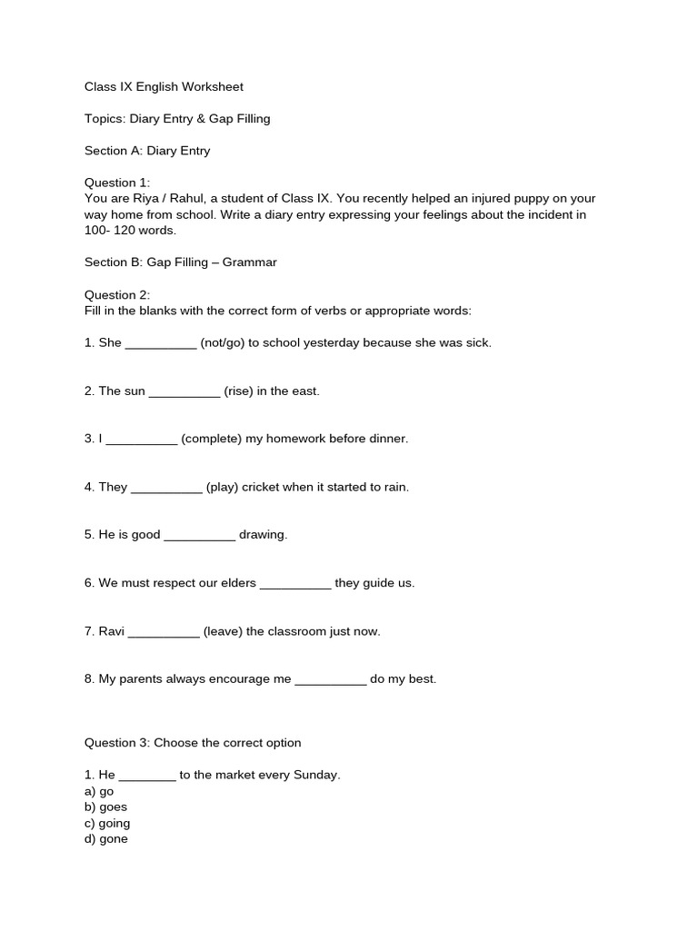 Class IX English Worksheet 2 | PDF
