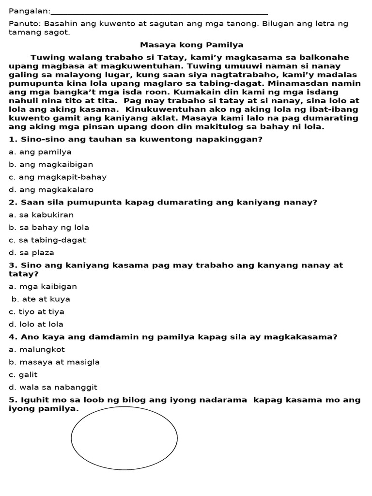 FILIPINO 2 WORKSHEET Sa Pagbasa NG Kuwento | PDF