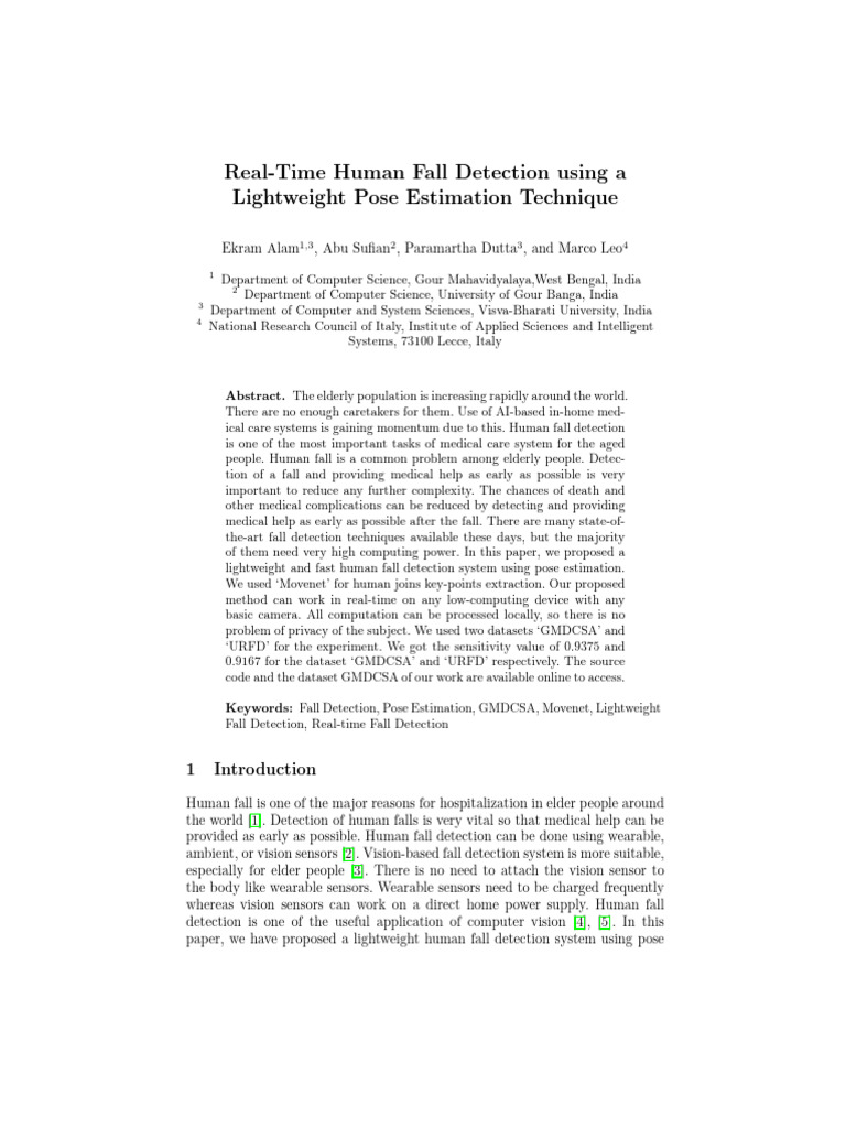 Real-Time Human Fall Detection Using A Lightweight Pose Estimation Technique | PDF | Sensitivity ...