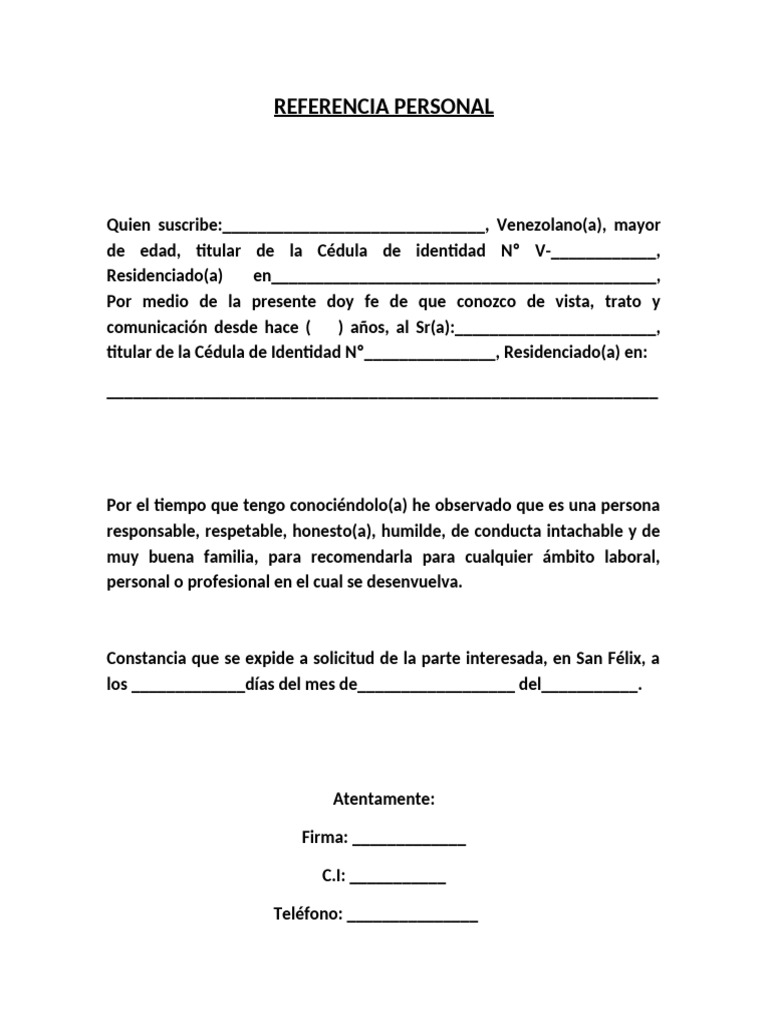 Referencia Personal para Empleo | PDF