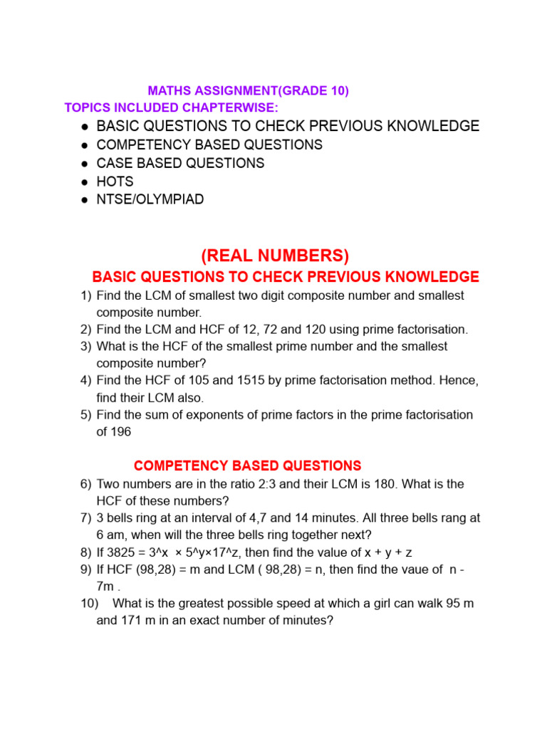 Class 10 Assignment (2025 26) 3 | PDF | Mathematics | Arithmetic