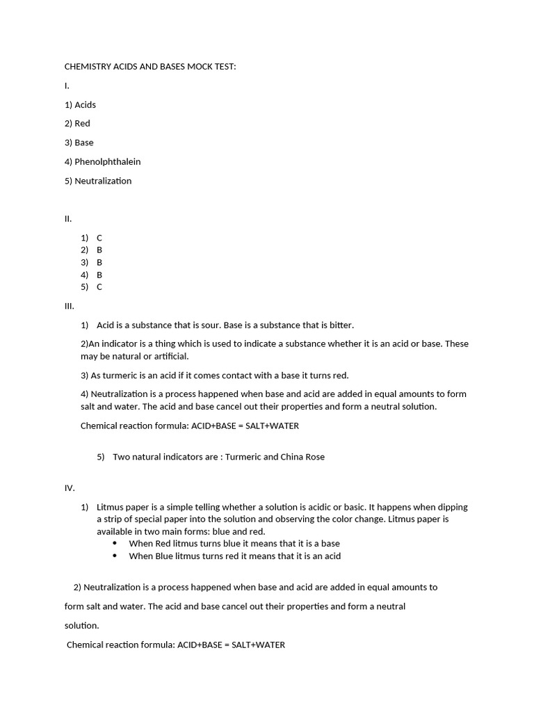 Chemistry Acids and Bases Mock Test | PDF