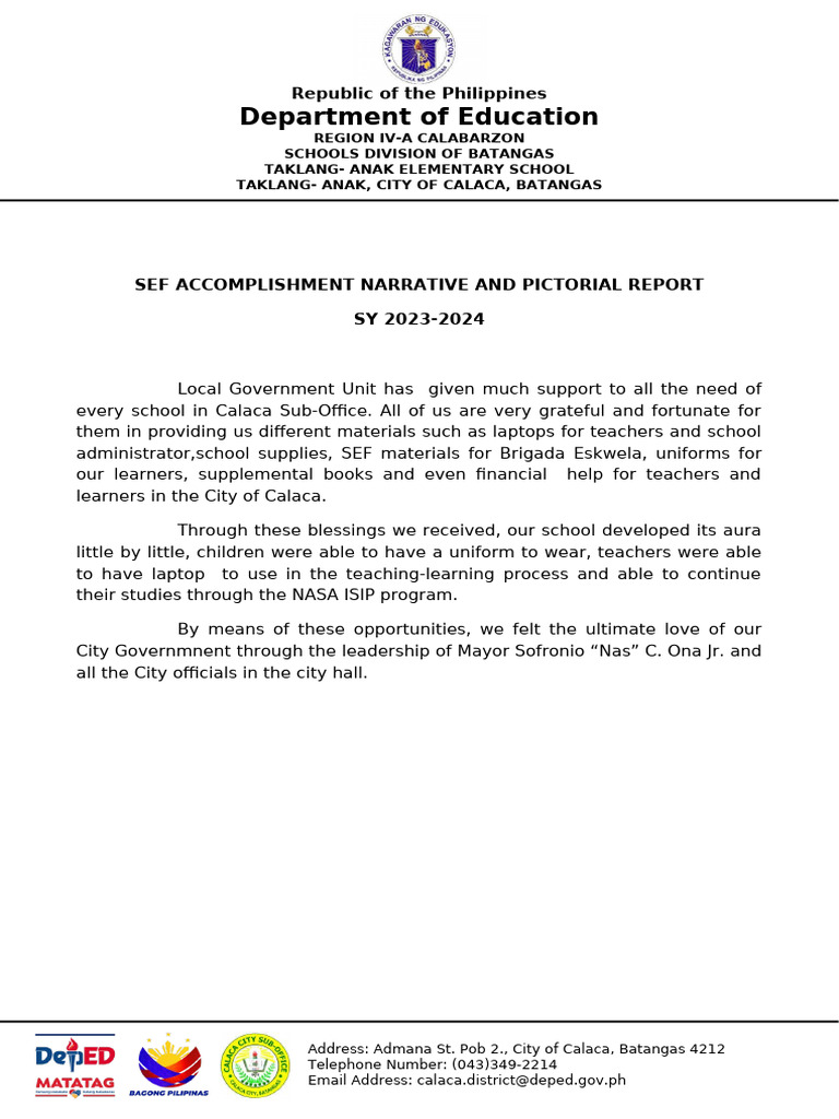 SEF Accomplishment Report Sy 2023-2024 | PDF | Governance | Government