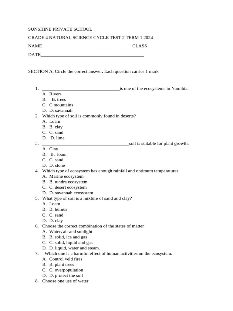 Grade 4 Natural Science Cycle Test 2 | PDF | Soil | Loam