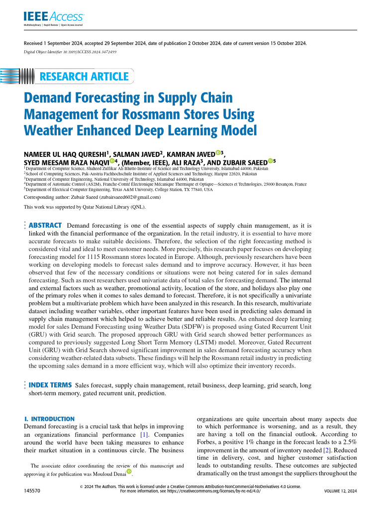 Demand Forecasting in Supply Chain Management For Rossmann Stores Using Weather Enhanced Deep ...
