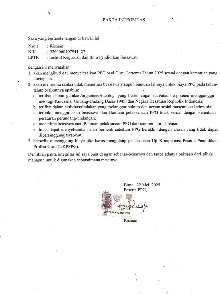 Pakta Integritas Risman | PDF
