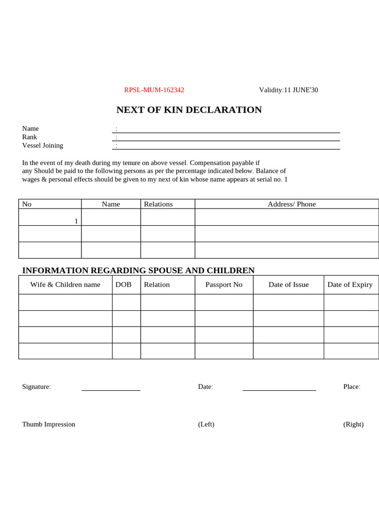 Next of Kin Declaration Form RPSL 162342 | PDF