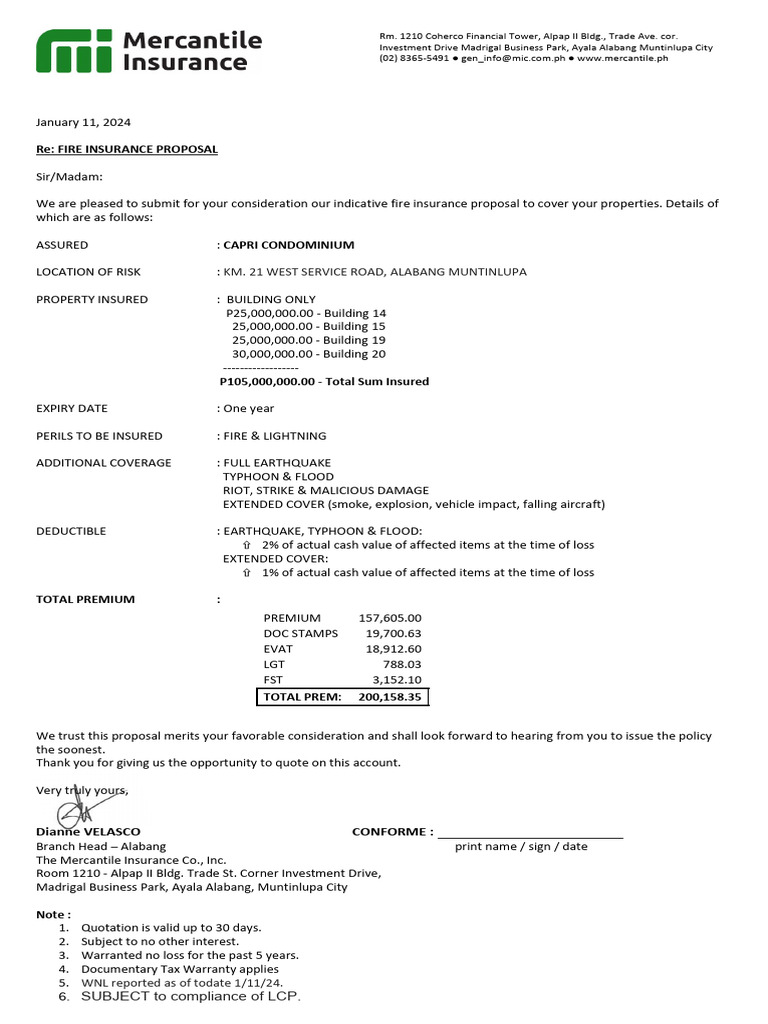 Fire Proposal - Capri Condominium | PDF | Insurance | Property Insurance