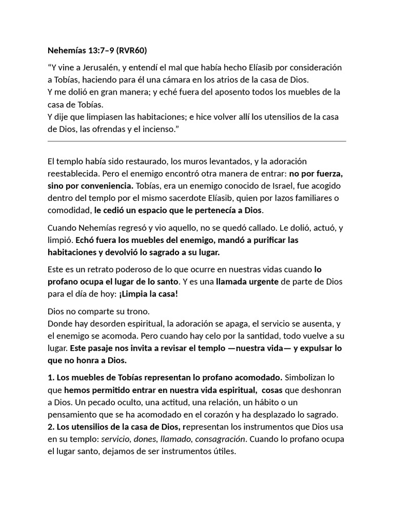 Limpia la Casa: Reflexión de Nehemías 13 | PDF | eucaristía | Oración