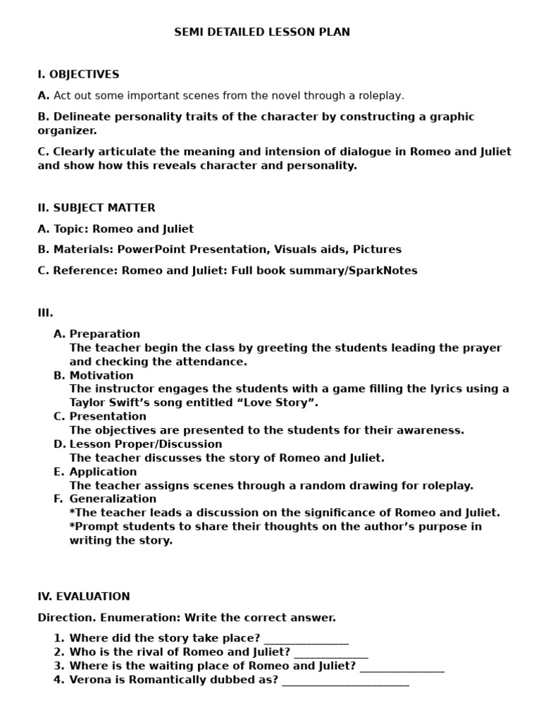 Lesson Plan: Romeo and Juliet Roleplay | PDF