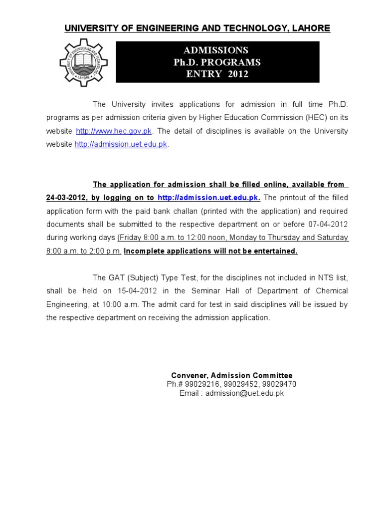 PHD Admission Notice | PDF