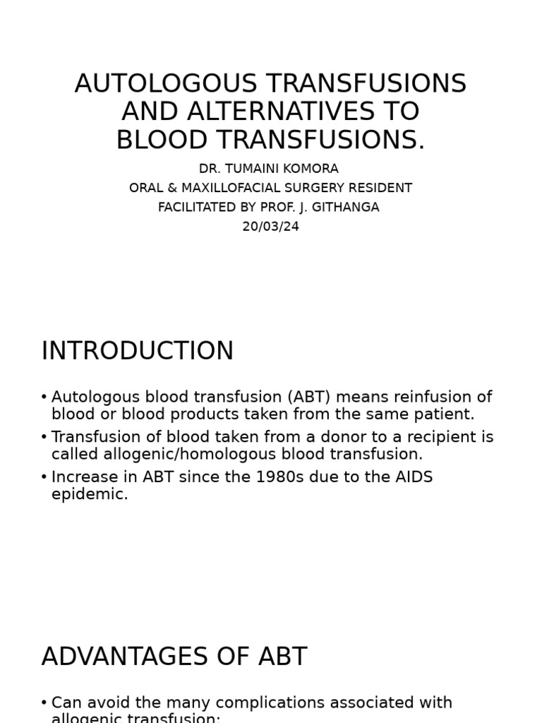 Autologous Transfusions 0 Alternatives To Blood Transfusions | PDF ...