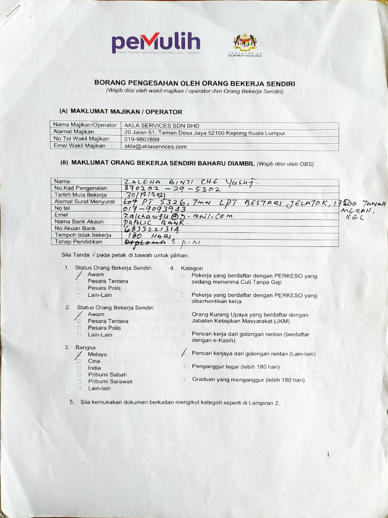 Borang Pengesahan Pekerja Sendiri PERKESO | PDF