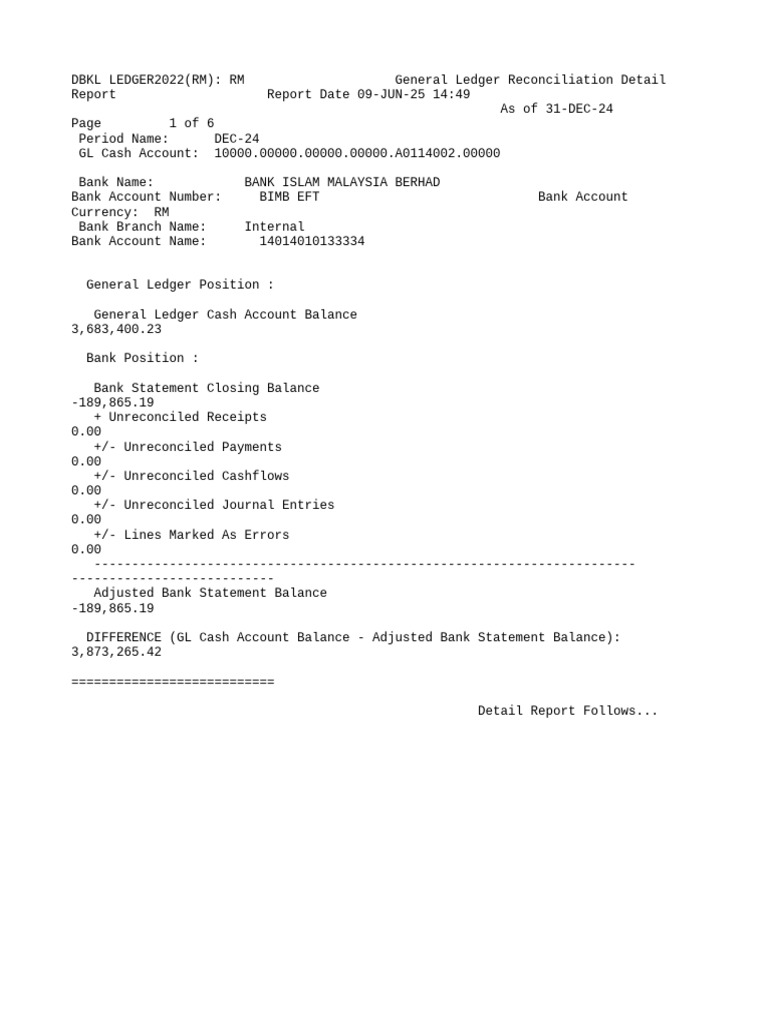 DBKL General Ledger Reconciliation 2024 | PDF | Cash | Banks