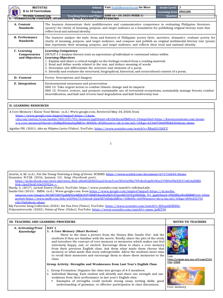 DLL Matatag - English 7 Q1 W1 | PDF | Learning | Human Communication